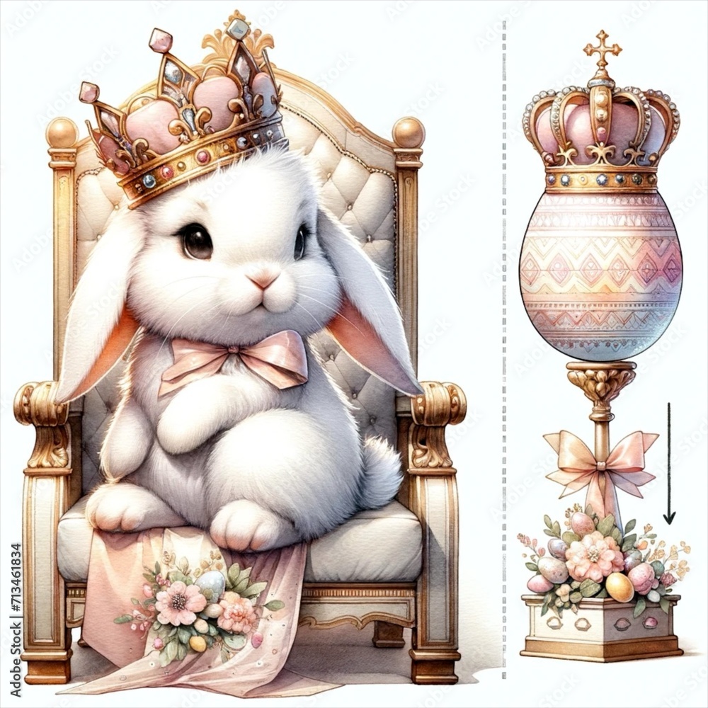 An illustration of an Easter bunny a crown and sitting on a throne ...