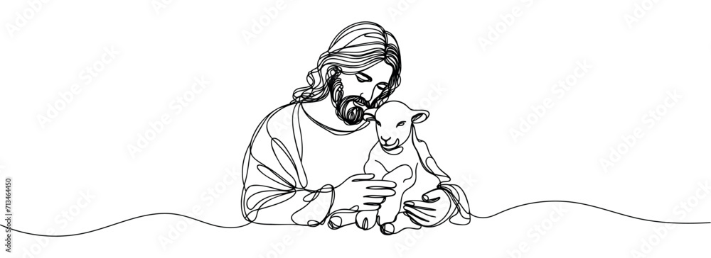 continuous drawing of Jesus Christ holding a lamb in his arms. Stock ...