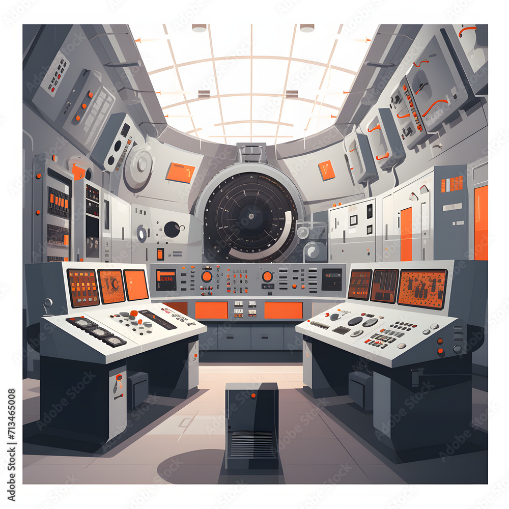 Inside view of a modern nuclear reactor control room isolated on white ...