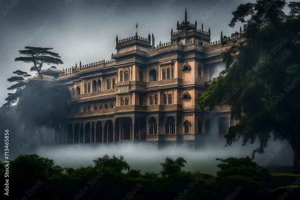 view of a classic palace shrouded in a mystical mist that adds an air ...