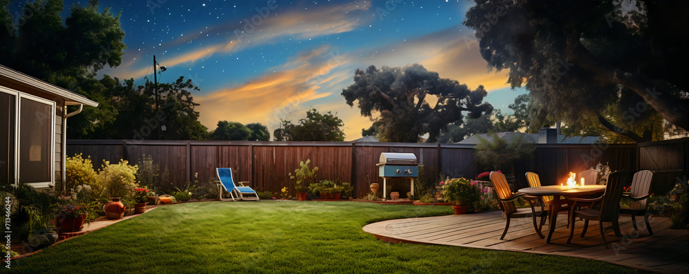 An average backyard of a suburban backyard wiht nice lush lawn and ...