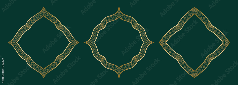 Gold geometric ornamental frame, round and square shapes Islamic window ...
