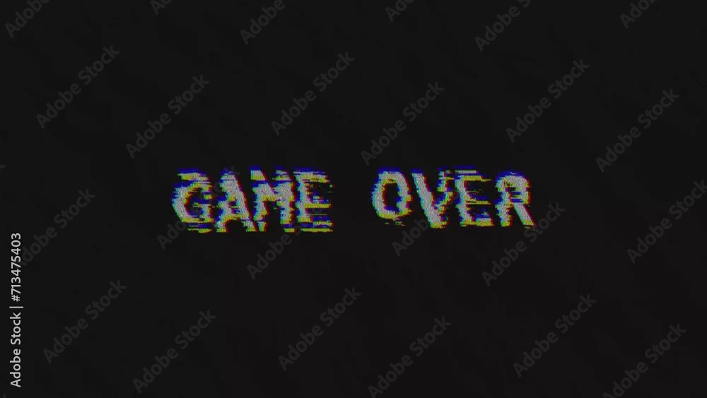 GAME OVER animation with isolated glitch effect on black and white ...