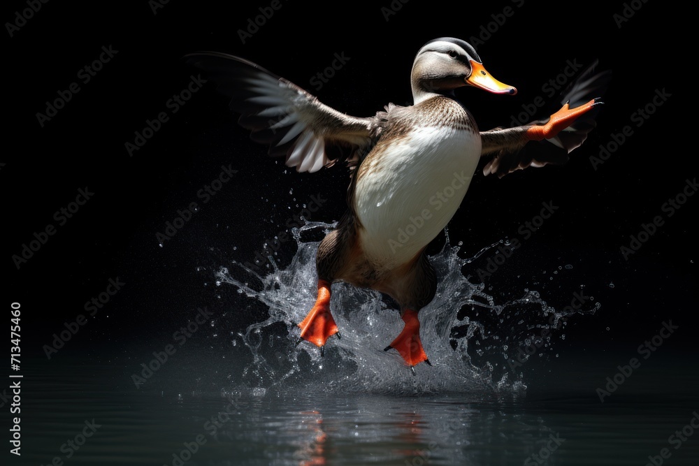 a duck taking off from the water with it's wings extended and it's body ...