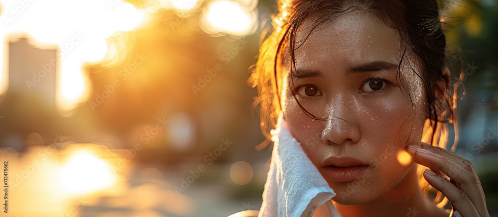 Angry female having sunstroke skin damage from sun UV city air ...