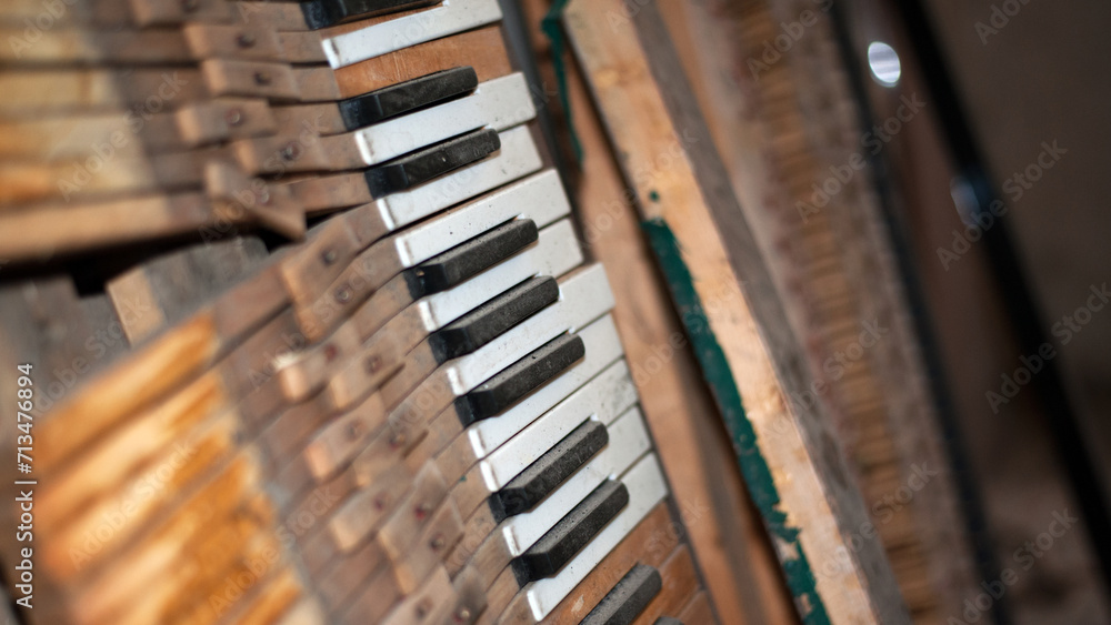 keys. black and white keys of an old piano. details of a musical ...