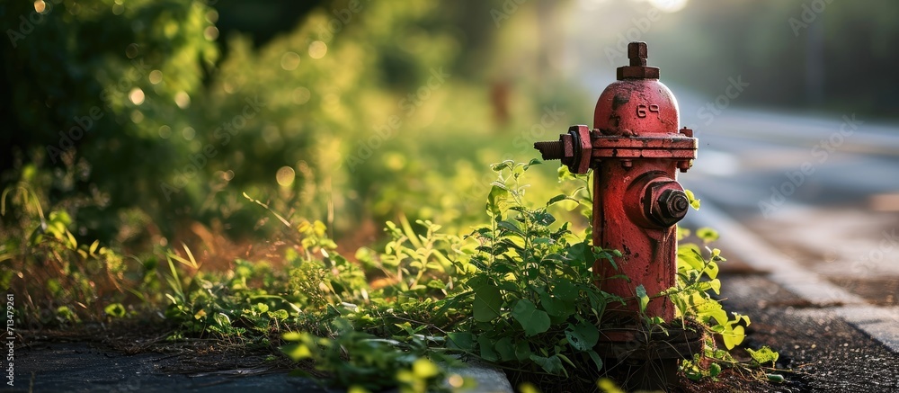 A fire hydrant painted a dull red lay by the side of the road green ...