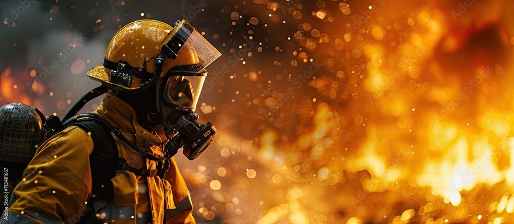 Action professional firemans brave buddy team assistance in yellow fire ...