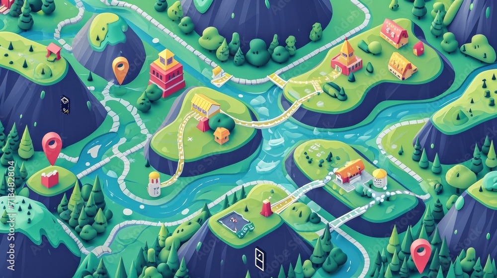 An isometric map with routes and markers, Stock Illustration | Adobe Stock