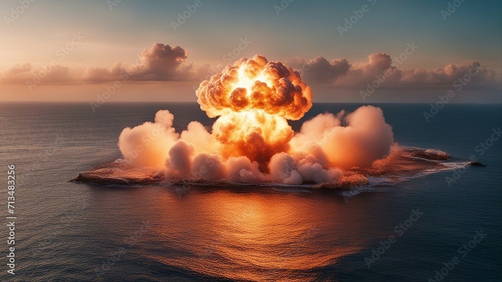 sunset on the beach A nuclear bomb exploded in the ocean, creating a ...