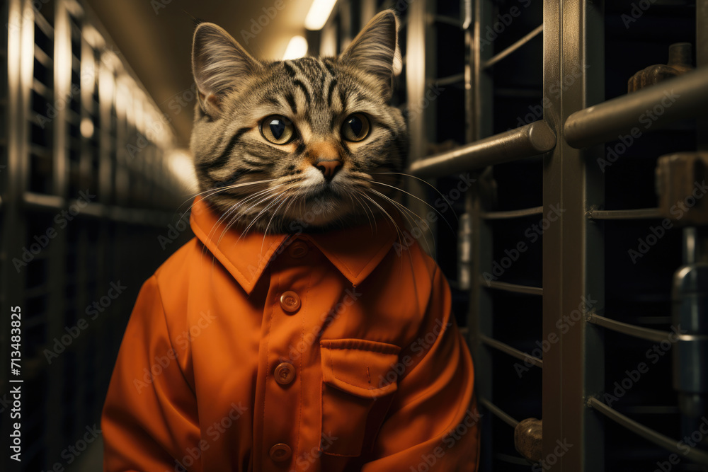 Bad cat crime wearing orange jumpsuit in a prison cell prisoner Stock ...
