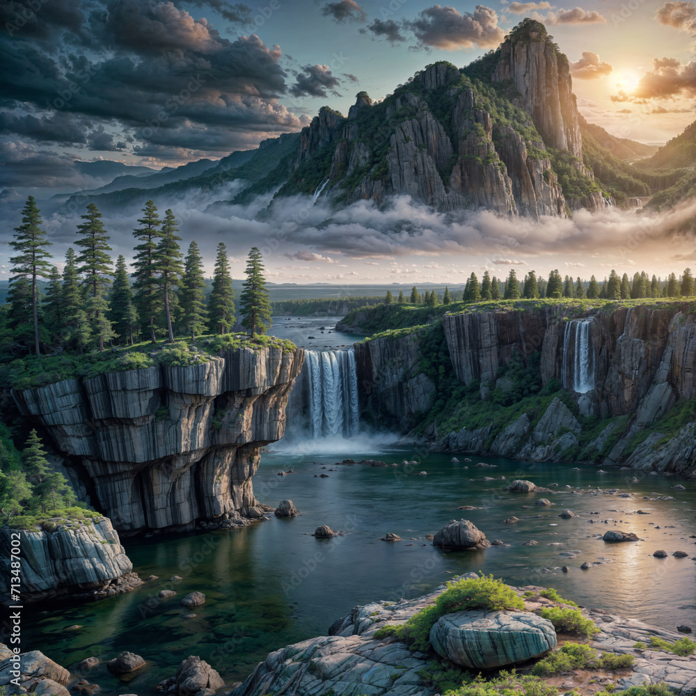 Fantasy landscape of another world of mountains above the sunset clouds ...