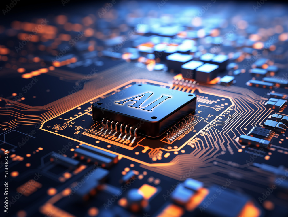 AI computer chip on circuit board with illuminated printed circuit ...