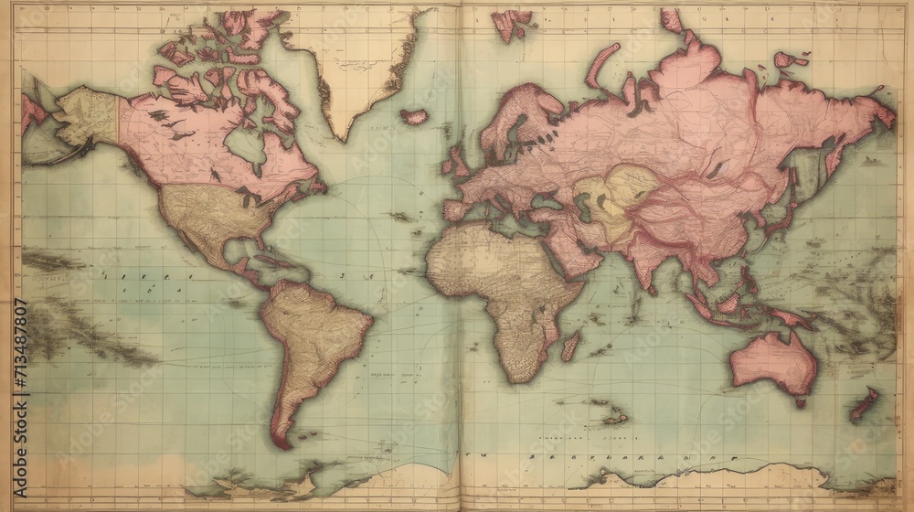 Original old hand coloured map of the World on Mercators projection ...