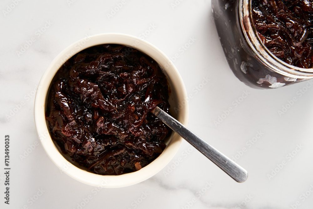 Freshly Cooked Onion Confit or confiture in the jar. Also known as ...