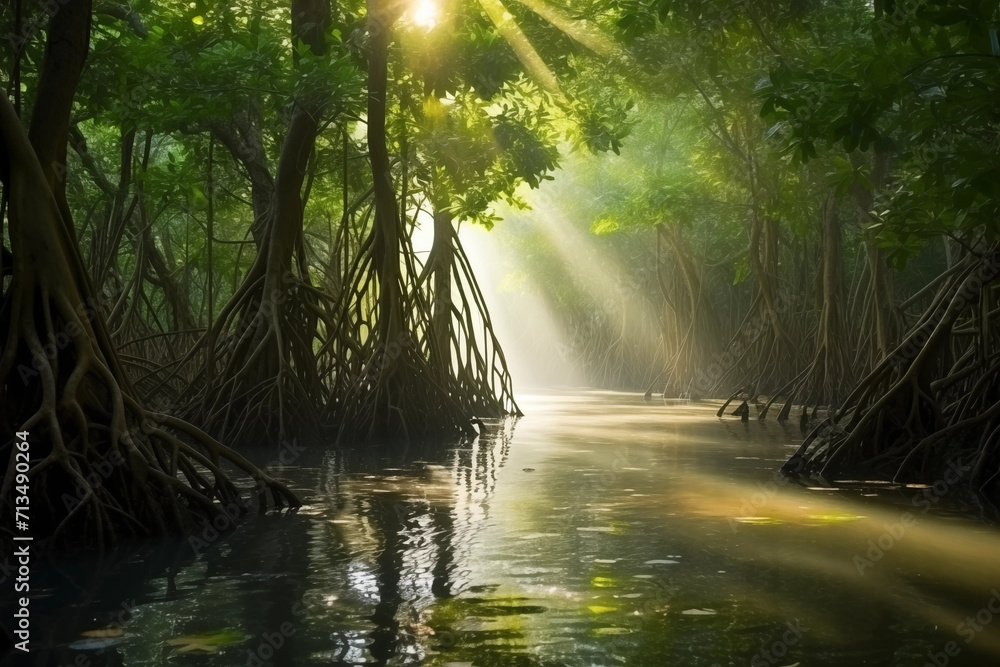 Green mangrove forest with morning sunlight. Mangrove ecosystem ...