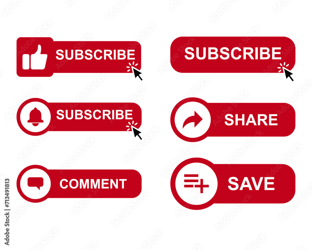 Vetor de Red button subscribe of channel with hand cursor. Subscribe button in flat style ...