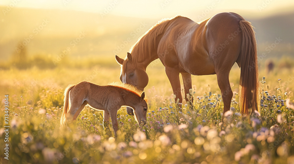 An artistic photograph of a serene mare and her curious foal exploring ...