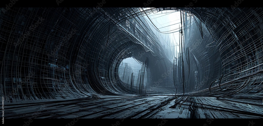 In the depths of a digital abyss, 3D lines intertwine and stretch ...