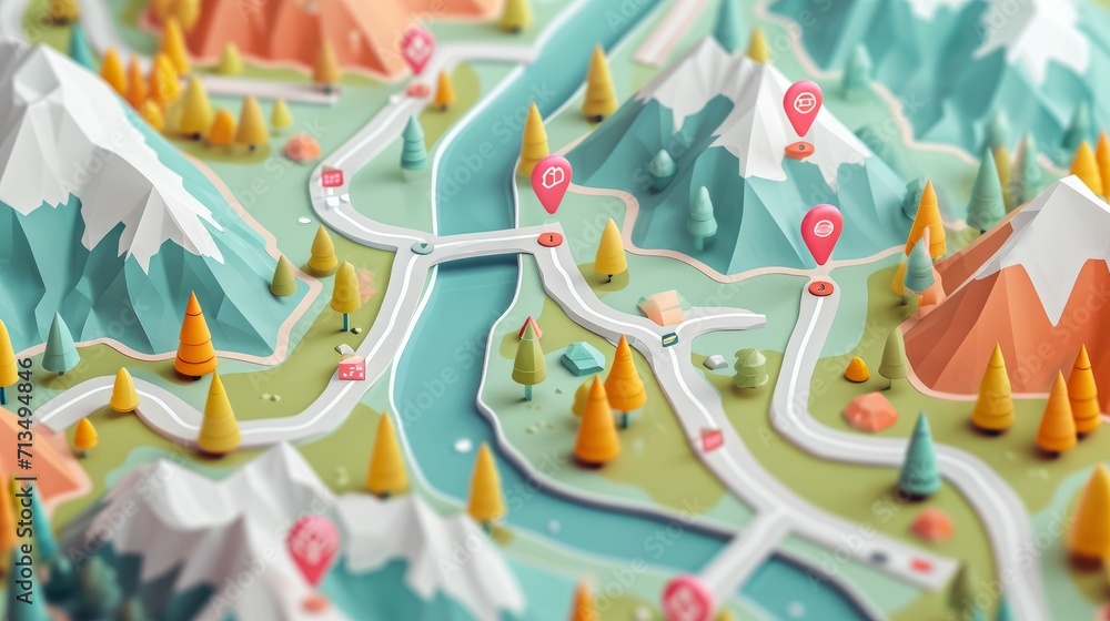 An isometric map with routes and markers, Stock Illustration | Adobe Stock