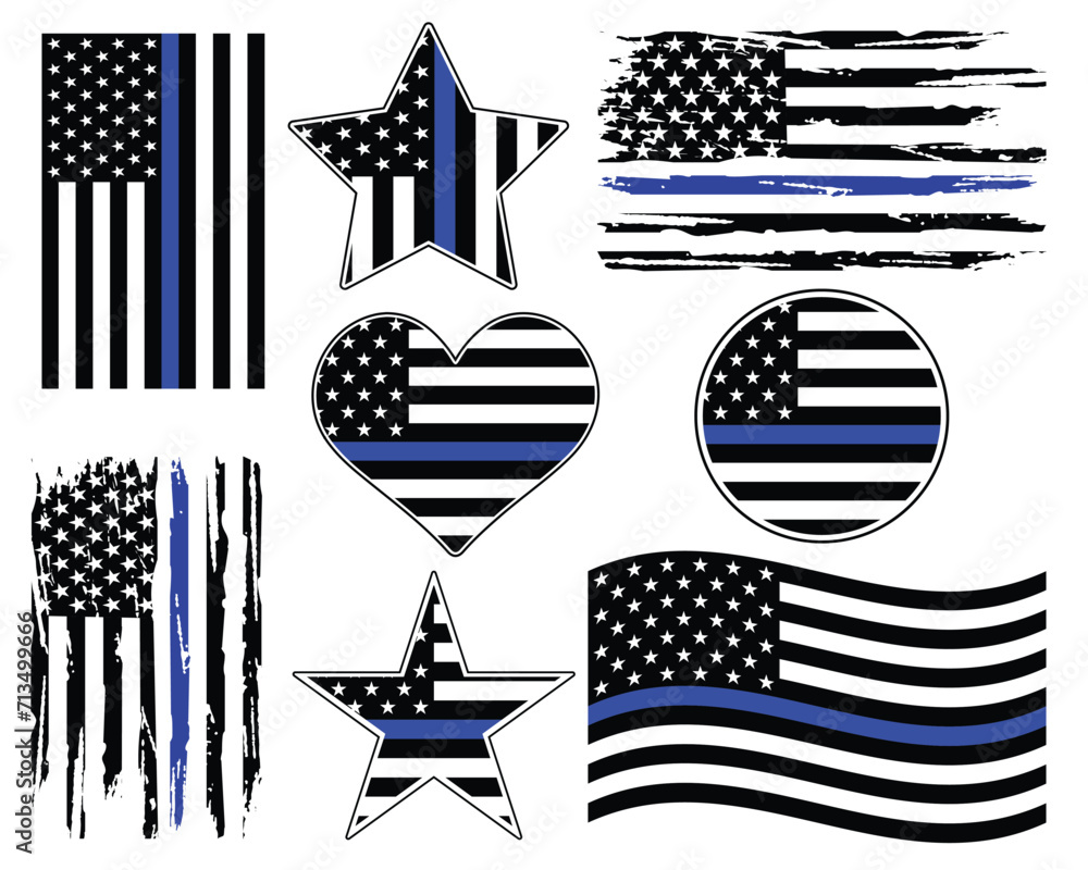 Distressed American Usa Flag, Thin Blue Line Police Flag Bundle Design ...