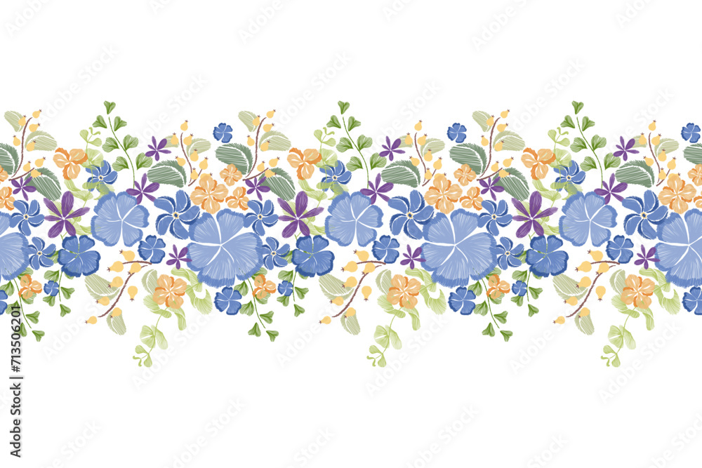 Floral border pattern seamless paisley embroidery with blue flower ...