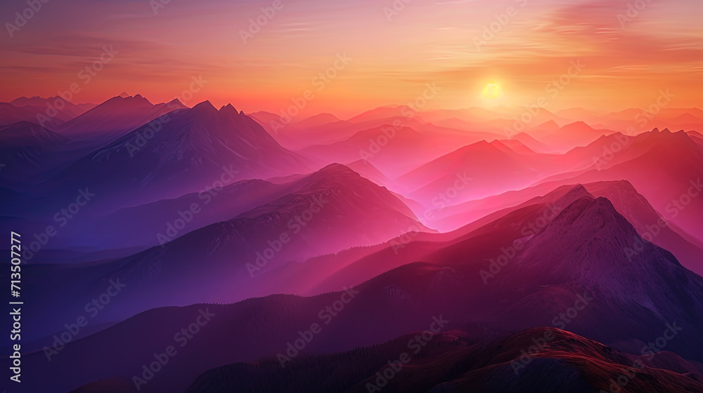 Sunset shades transform mountain peaks into smooth shapes, like glass ...