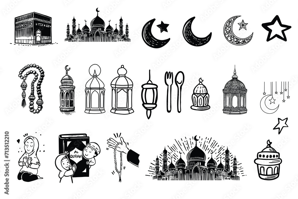 Ramadan and Eid Al-Fitr hand drawn vector illustrations set. Muslim ...