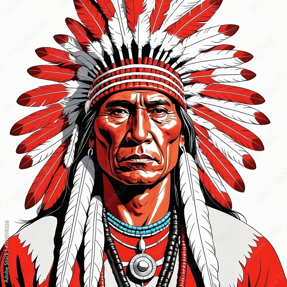 American Indian chief, Cherokee, muscular, front, white background ...