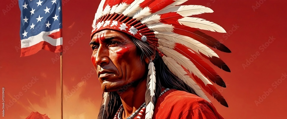 Red Indian Day wide panoramic banner art. Native American Indian ...