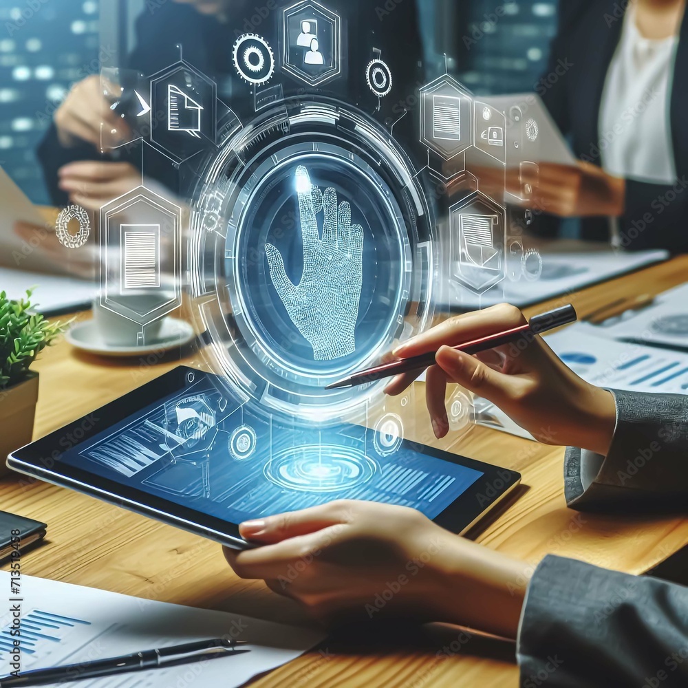 Document Management Concept: Businesswomen verify electronic documents ...