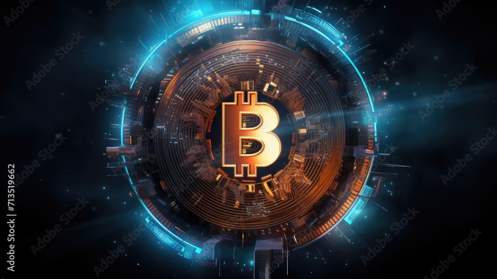 the innovation in digital currency, with abstract symbols forming a ...