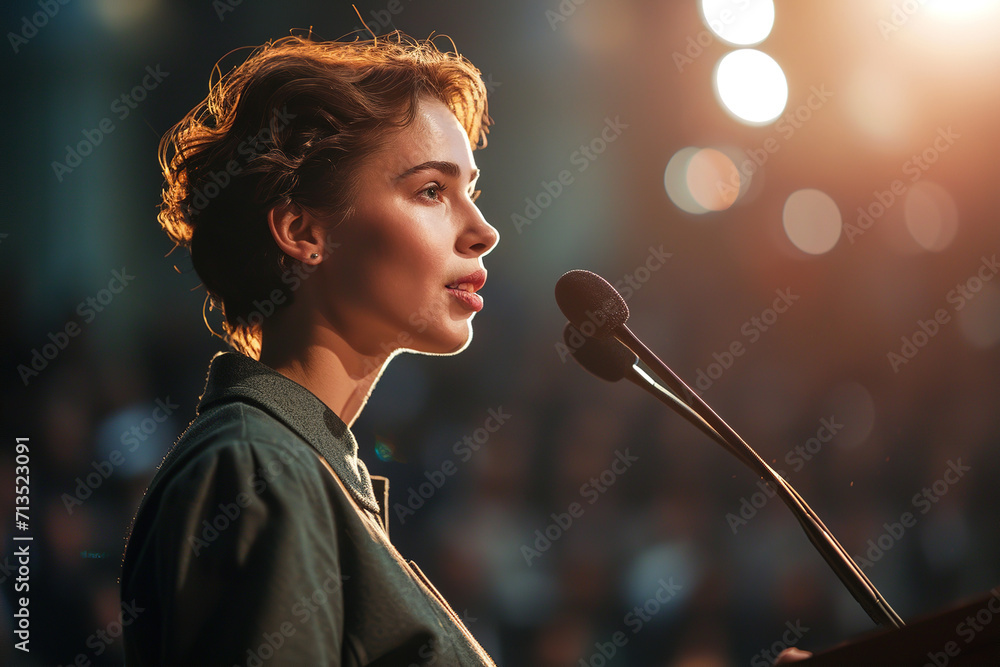 Side view of a young elegant female politician in a suit giving a ...