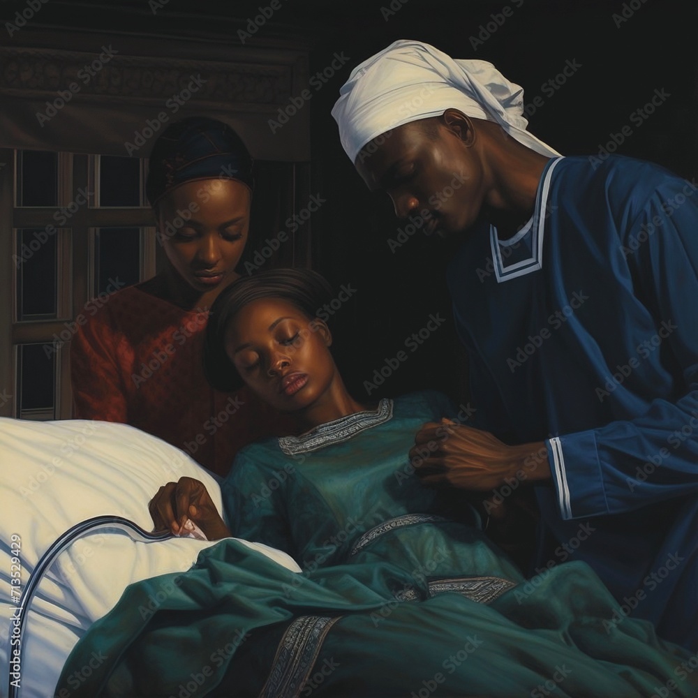 Black doctor and black nurse caring for a black female patient lying in ...
