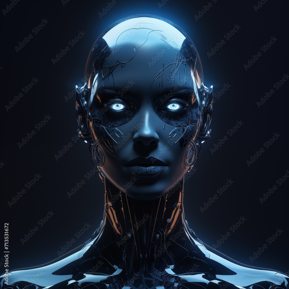 Portrait of a dark blue cyborg with light coming out of it's eyes ...