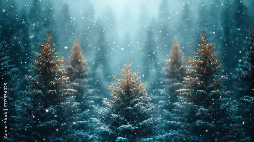 a painting of a snowy forest with trees in the foreground and snow ...