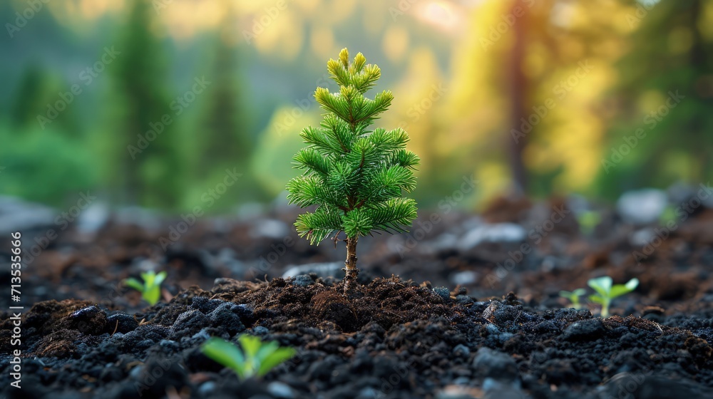 Lush pine sapling rising from fertile soil, with a blurred forest ...