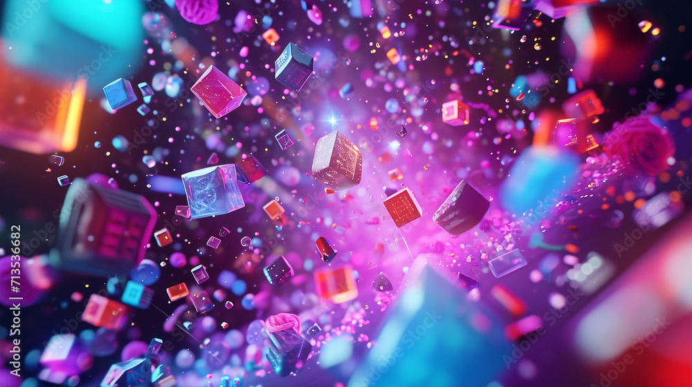 Colorful 3D-rendered metaverse logo surrounded by virtual elements ...