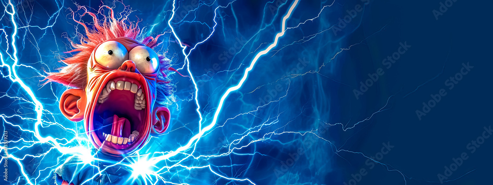 Cartoon character shocked by a surge of vivid blue electricity, copy ...
