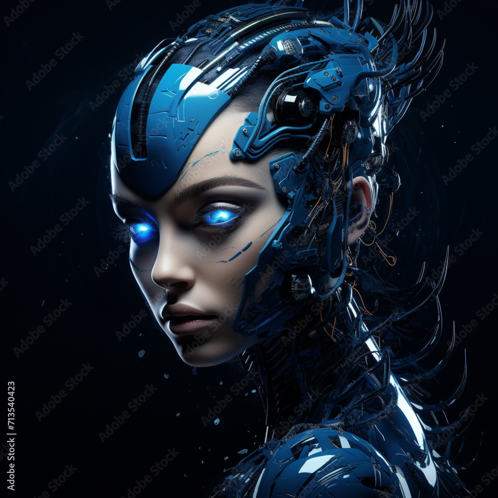portrait of a dark blue cyborg with light coming out of it's eyes ...