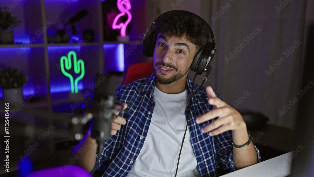 Young arab man, smiling streamer speaking during night time video call ...