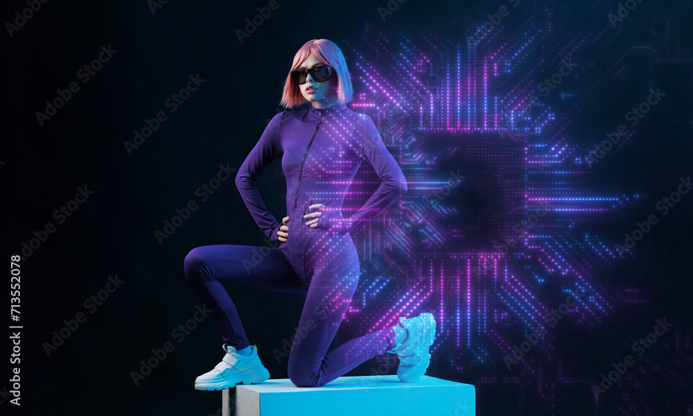 Woman in futuristic costume with flowing hair. Female in modern VR ...