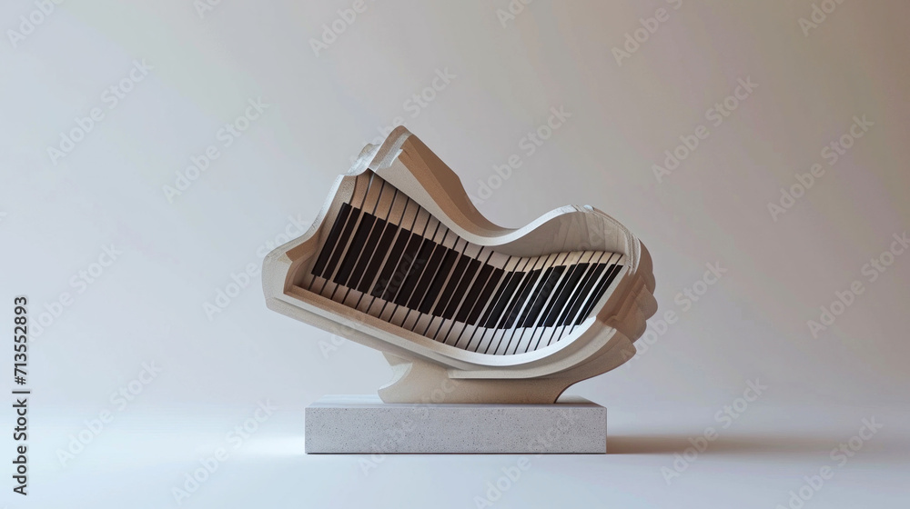 An artistic sculpture of a grand piano in profile, crafted from layered ...