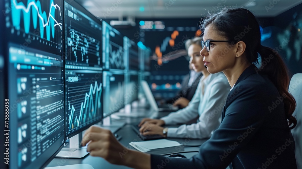 Female data Scientists Working on their Computers In Big Modern Laboratory, reviewing charts and ...
