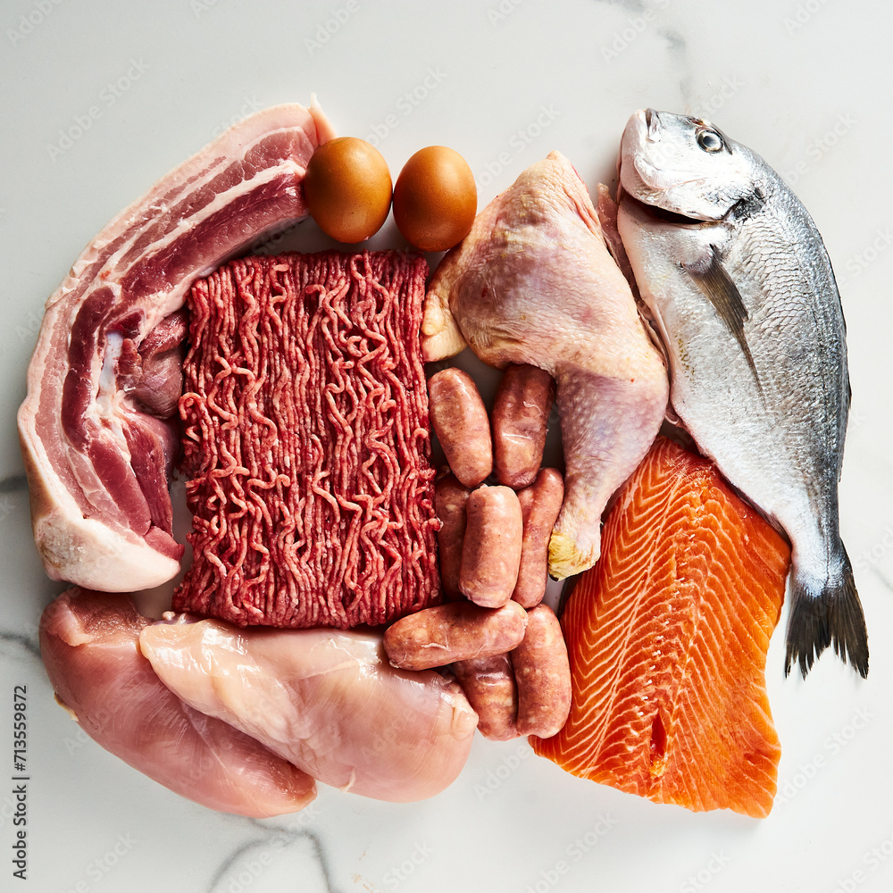 Carnivore diet or low carb diet background concept. Raw animal meat ...