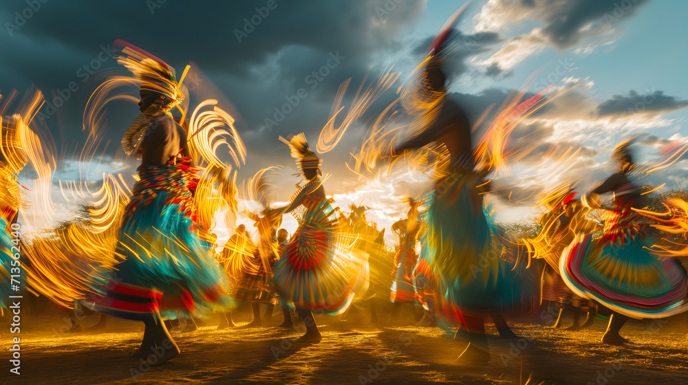 a group of African tribal dancers during a traditional dance. The photo ...