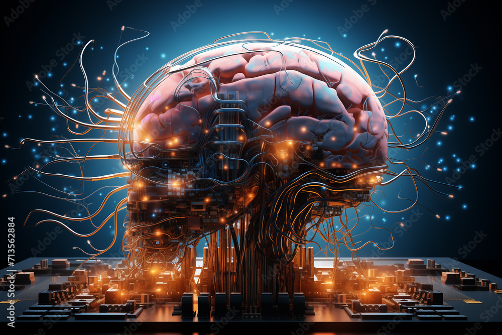 Neurocomputer interfaces. Artificial Intelligence Digital Brain bid Data. Illustration of ...