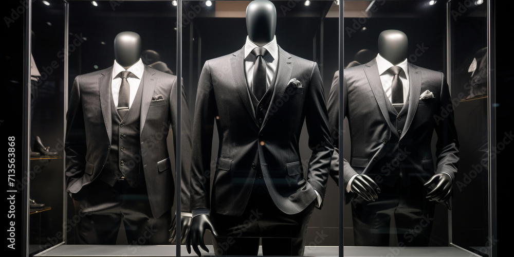 Men clothing in a luxury store(window display view), three piece suit ...