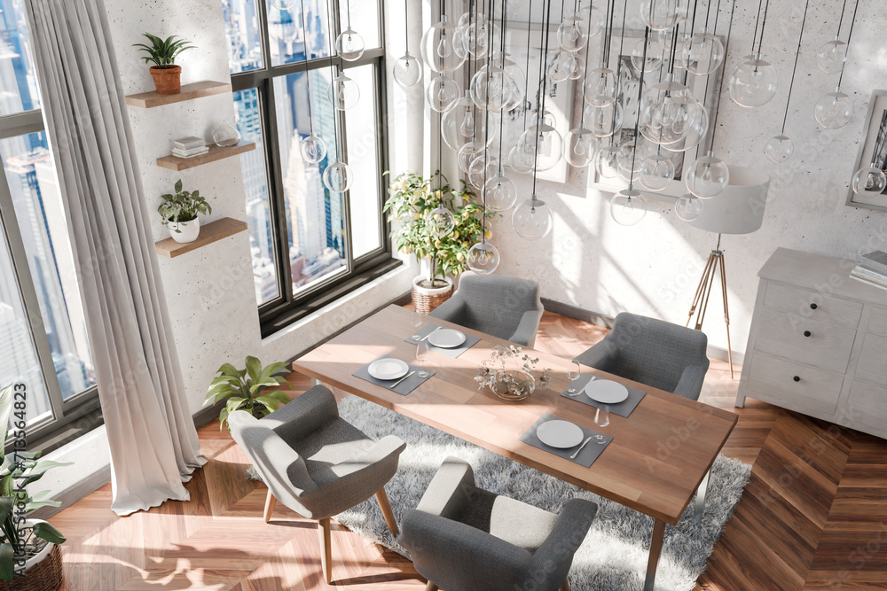 top down view on dining room interior design; contemporary luxurious ...