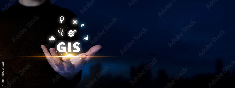 GIS. Man Holds Geographic Icons. Spatial Data, Mapping Excellence on ...